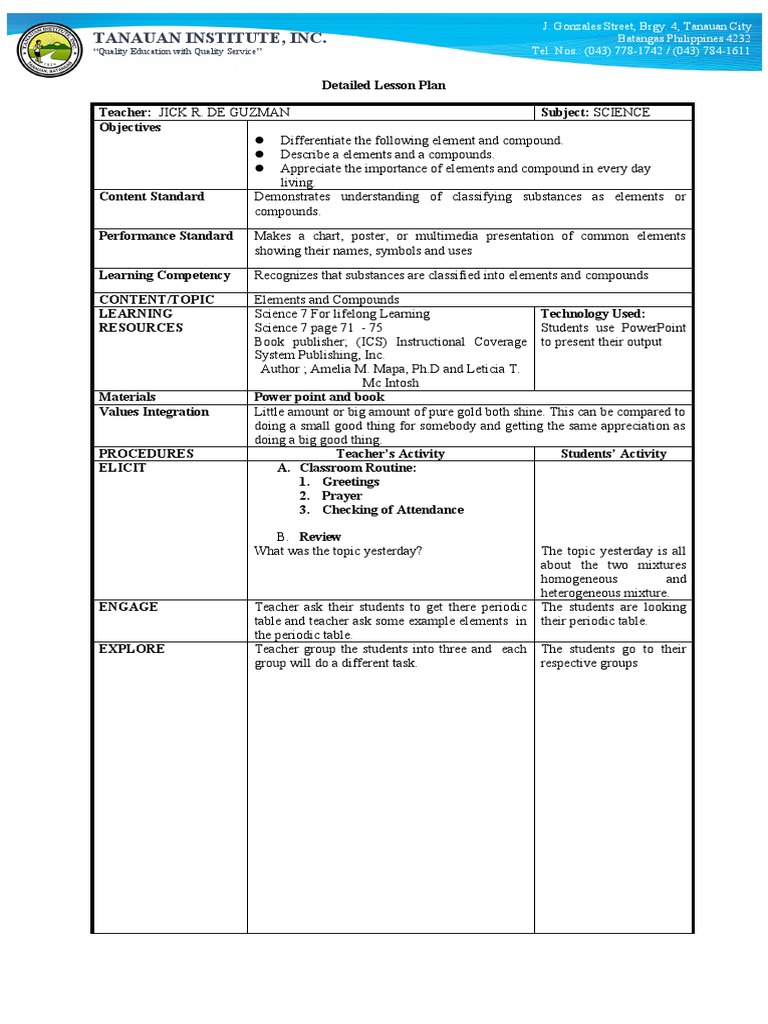 Elements and Compounds Lesson Plan | PDF | Chemical Compounds ...