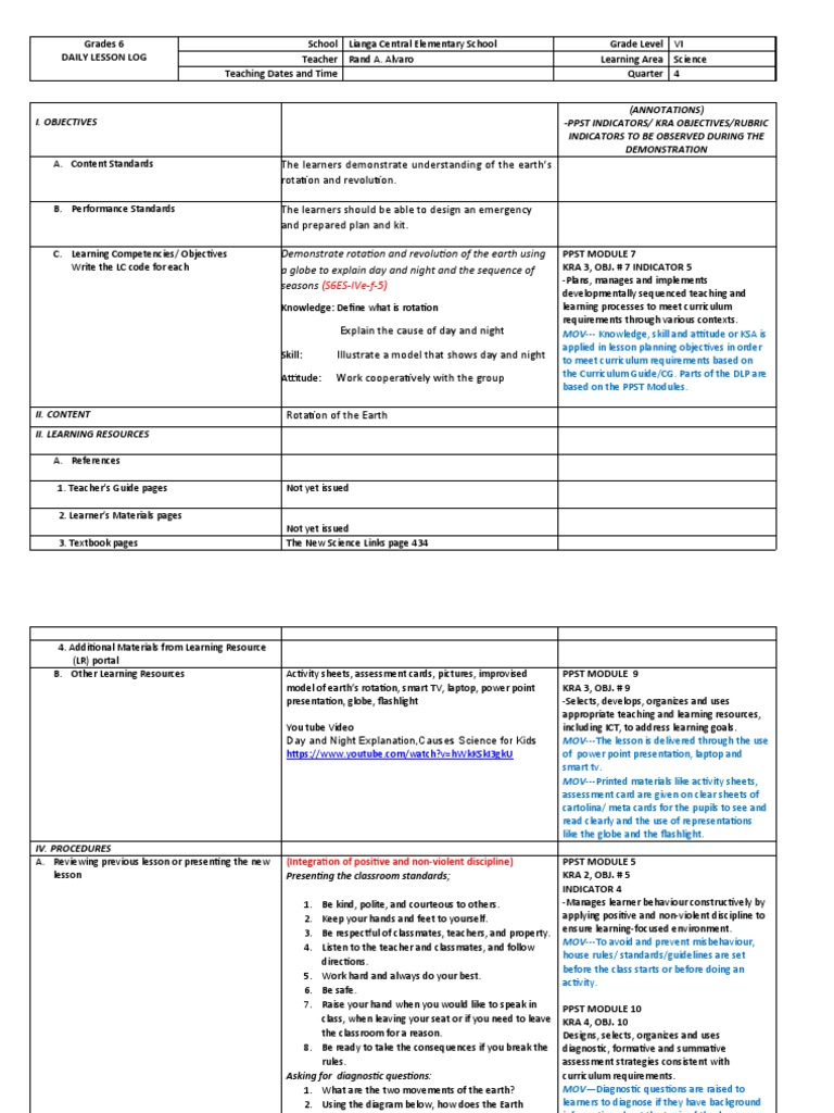 Cot - DLP - Science 6 - Earth's Rotation | Download Free PDF | Educational Assessment | Curriculum