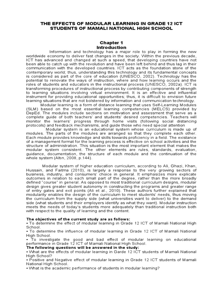 The Effects of Modular Learning in Grade 12 Ict Students of Mamali ...