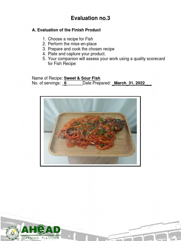 Evaluation of Sweet and Sour Fish Recipe Prepared for Culinary Skills ...