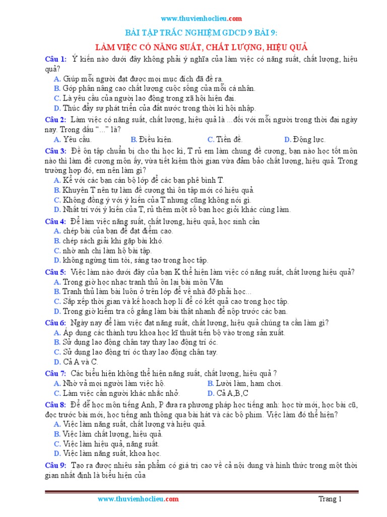 Trac Nghiem GDCD 9 Bai 9 | PDF