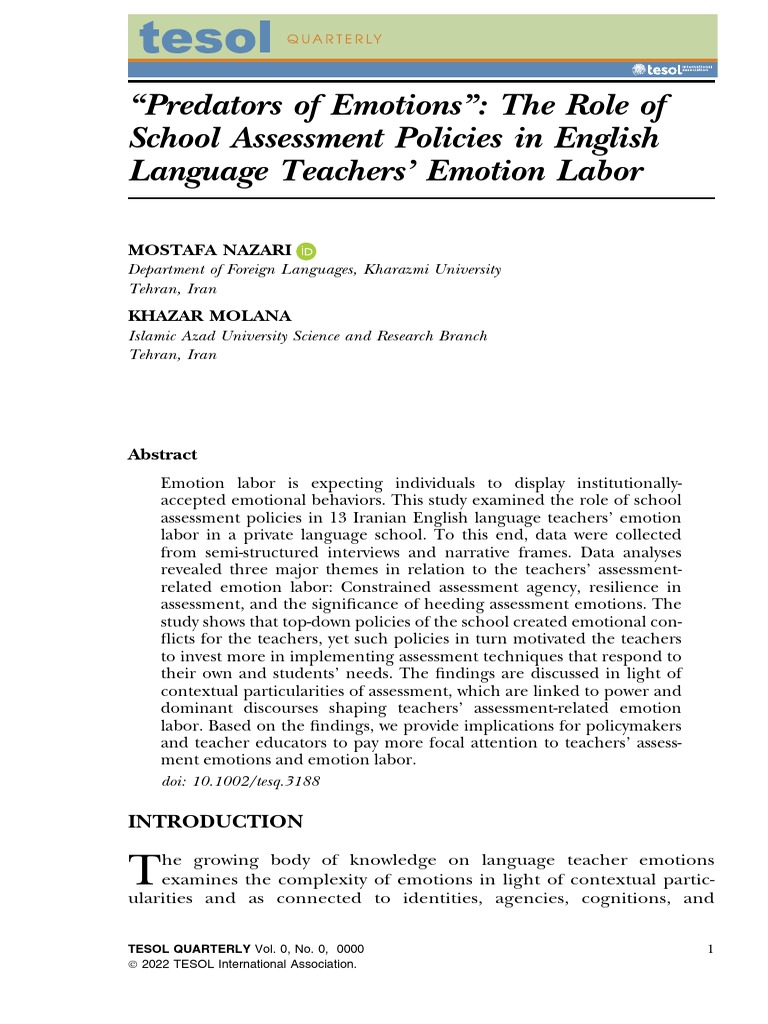 TESOL Quarterly - 2022 - Nazari - Predators of Emotions The Role of ...