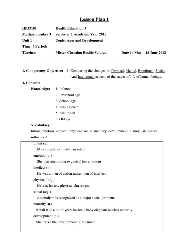 Ages and Development Lesson Plan | PDF | Adolescence | Infants