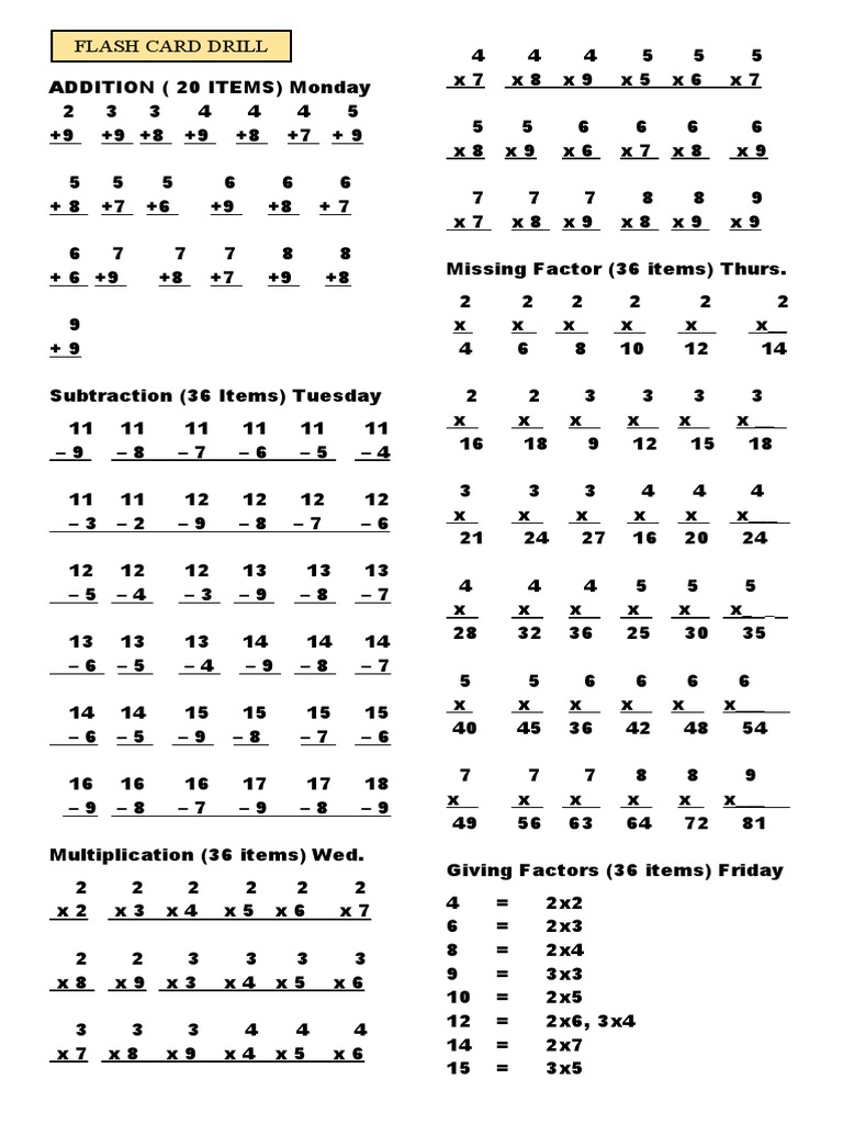 Flash-card-drill | PDF | Subtraction | Mathematics