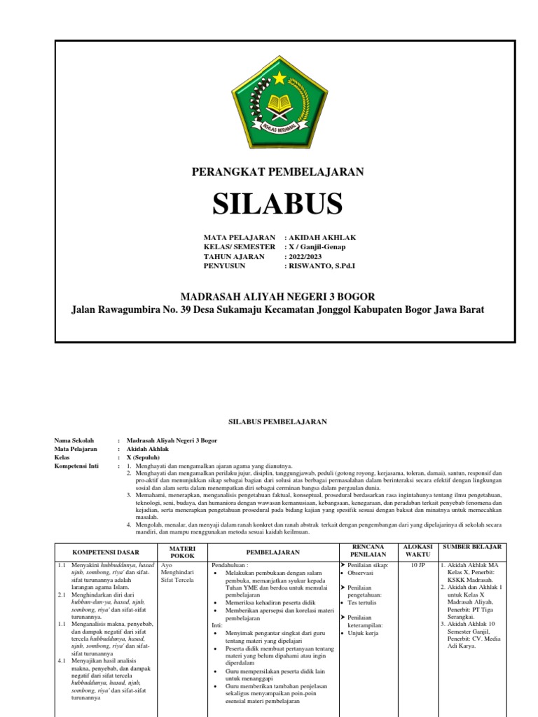 Silabus Akidah Akhlak Kelas 10 | PDF
