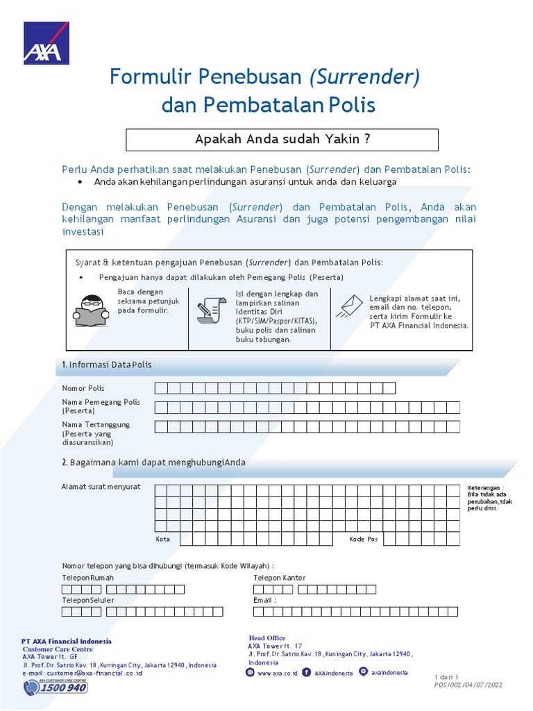 Formulir Penebusan Surrender Dan Pembatalan Polis 2022 | PDF