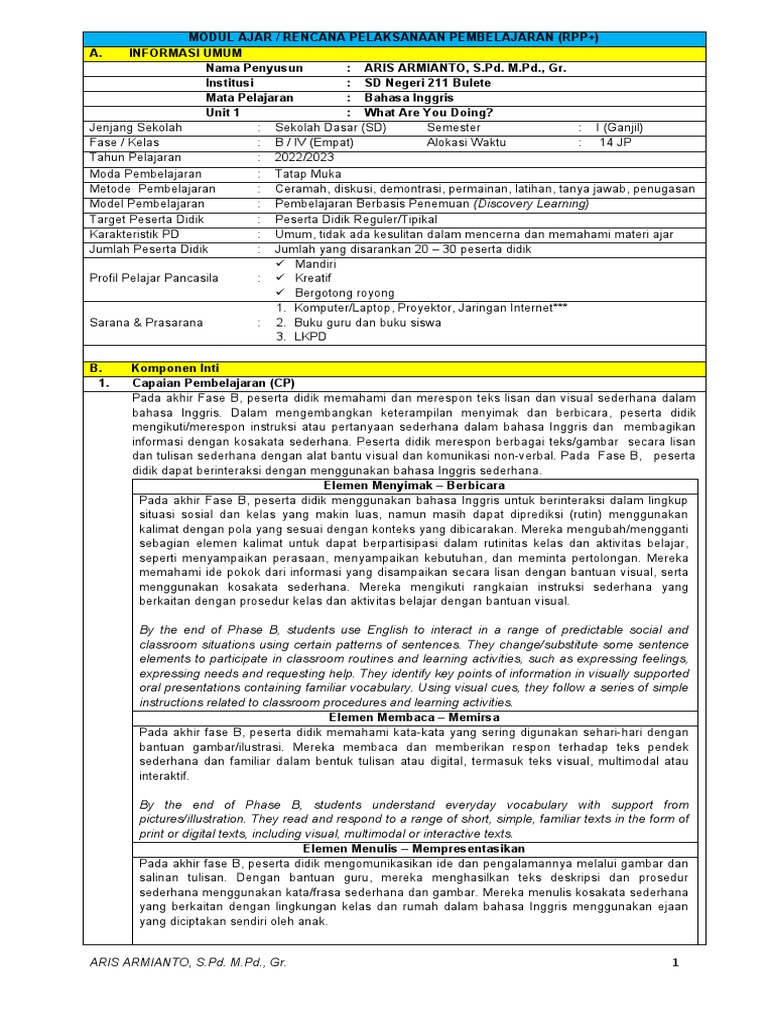 RPP Bahasa Inggris SD: Unit 1 | PDF