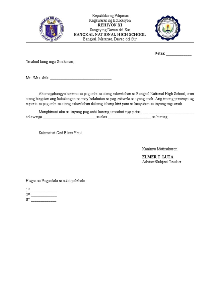 Sulat Pahibalo Sa Ginikanan | PDF