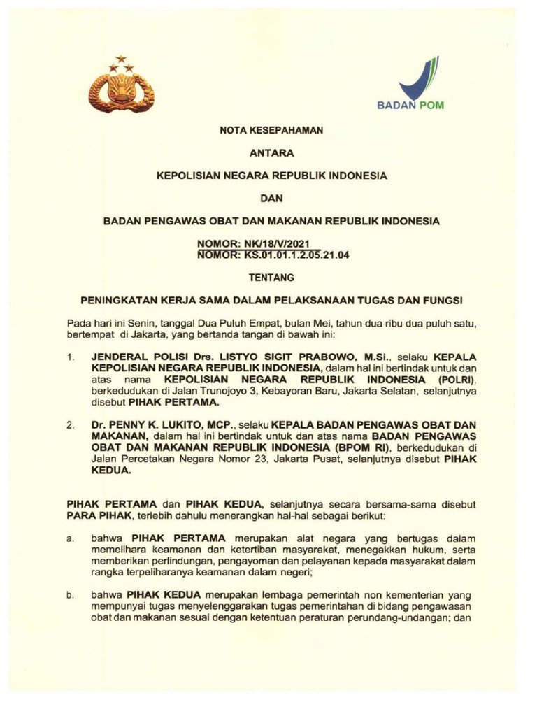 2021-MOU POLRI Dan BPOM | PDF