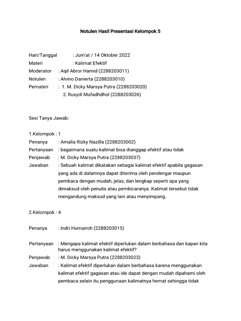 Notulen Hasil Presentasi Kelompok 5 | PDF