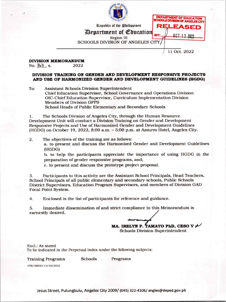 Division Memorandum No. 367 S. 2022 - Division Training On Gender and ...