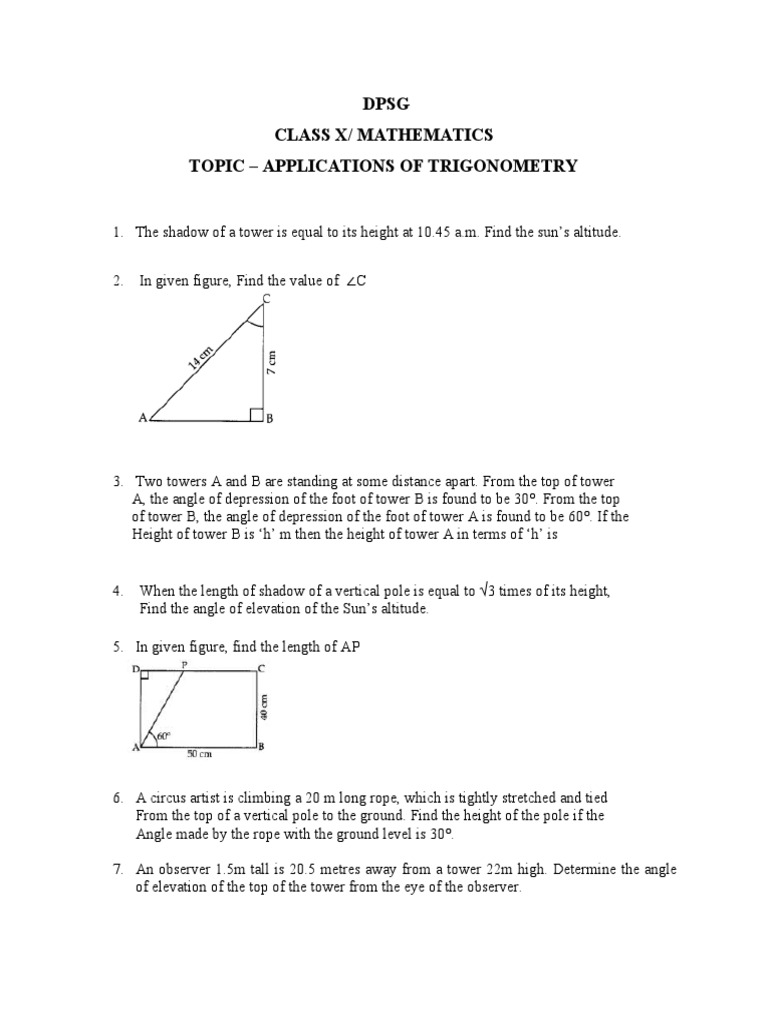 Assignment - Application of Trigonometry | Download Free PDF | Height | Angle