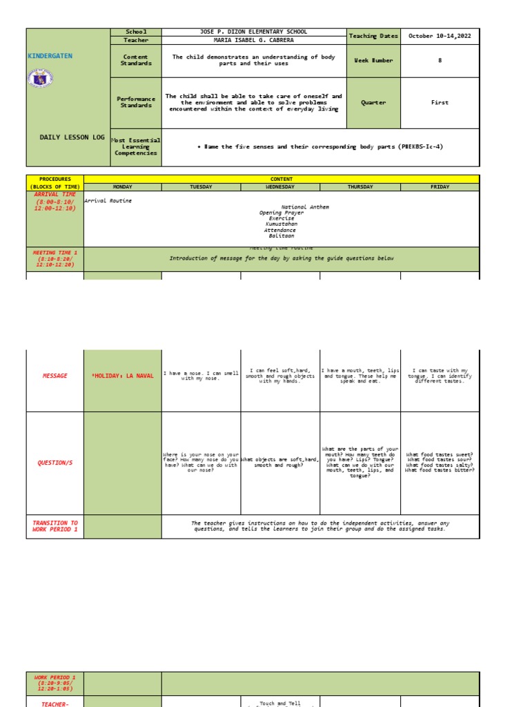 MELC DLL Week 8 | PDF | Taste | Senses