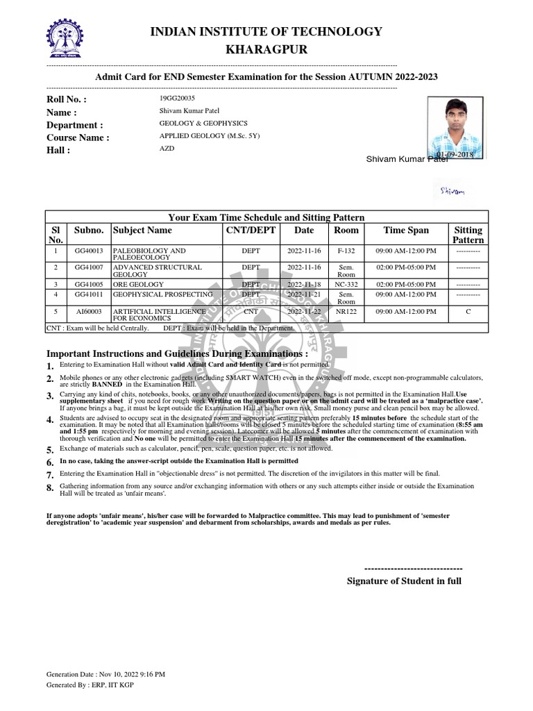 Admit Card for Autumn 2022 Exams | PDF