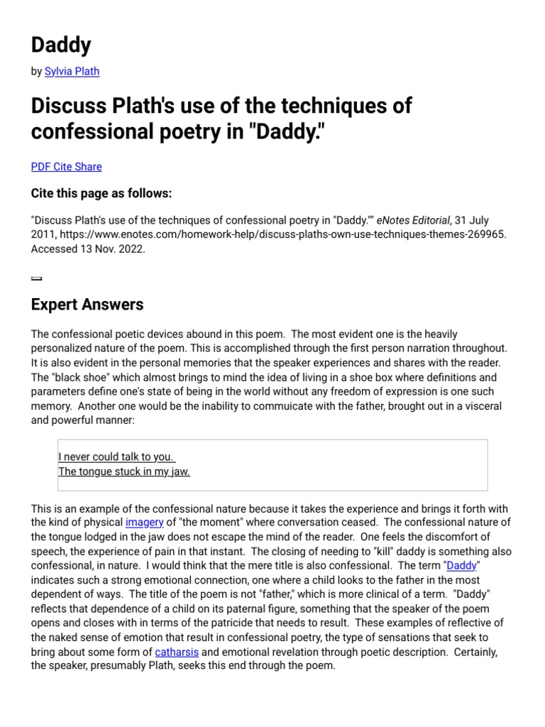 Analyzing Plath's "Daddy" as Confessional Poetry | PDF | Sylvia Plath ...