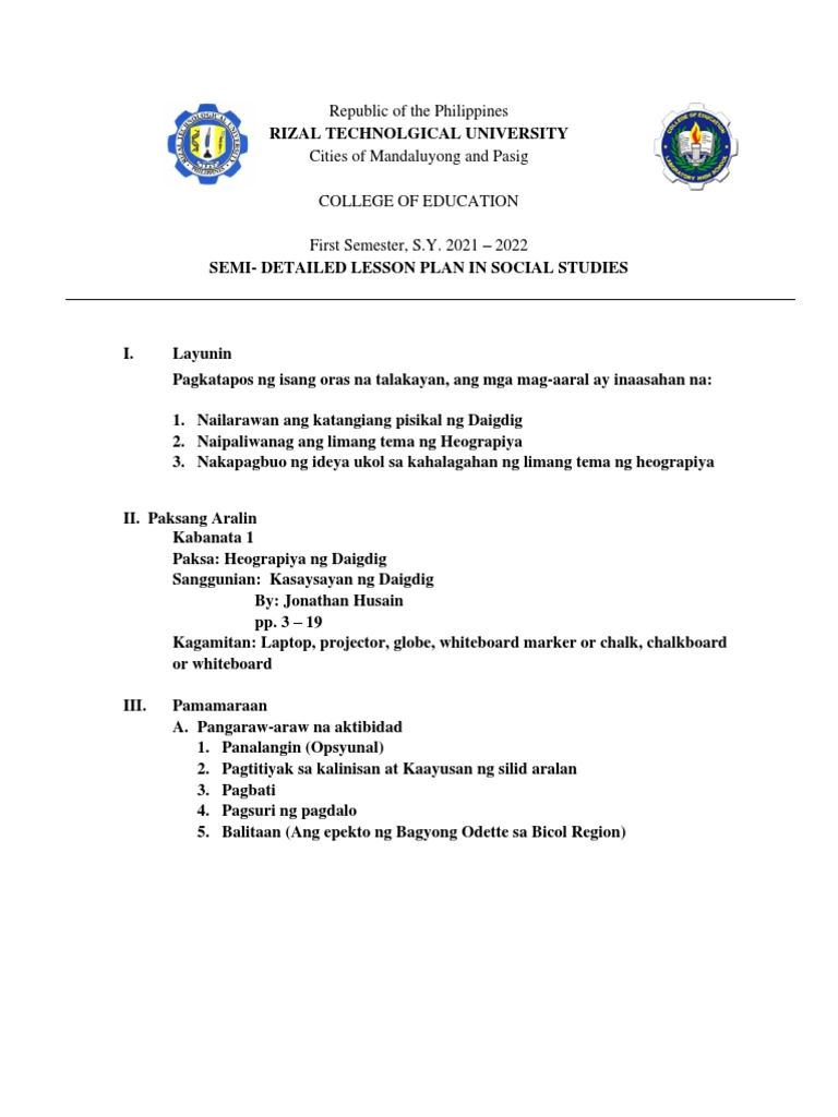 Semi Detailed Lesson Plan in Araling Panlipunan 8 | PDF