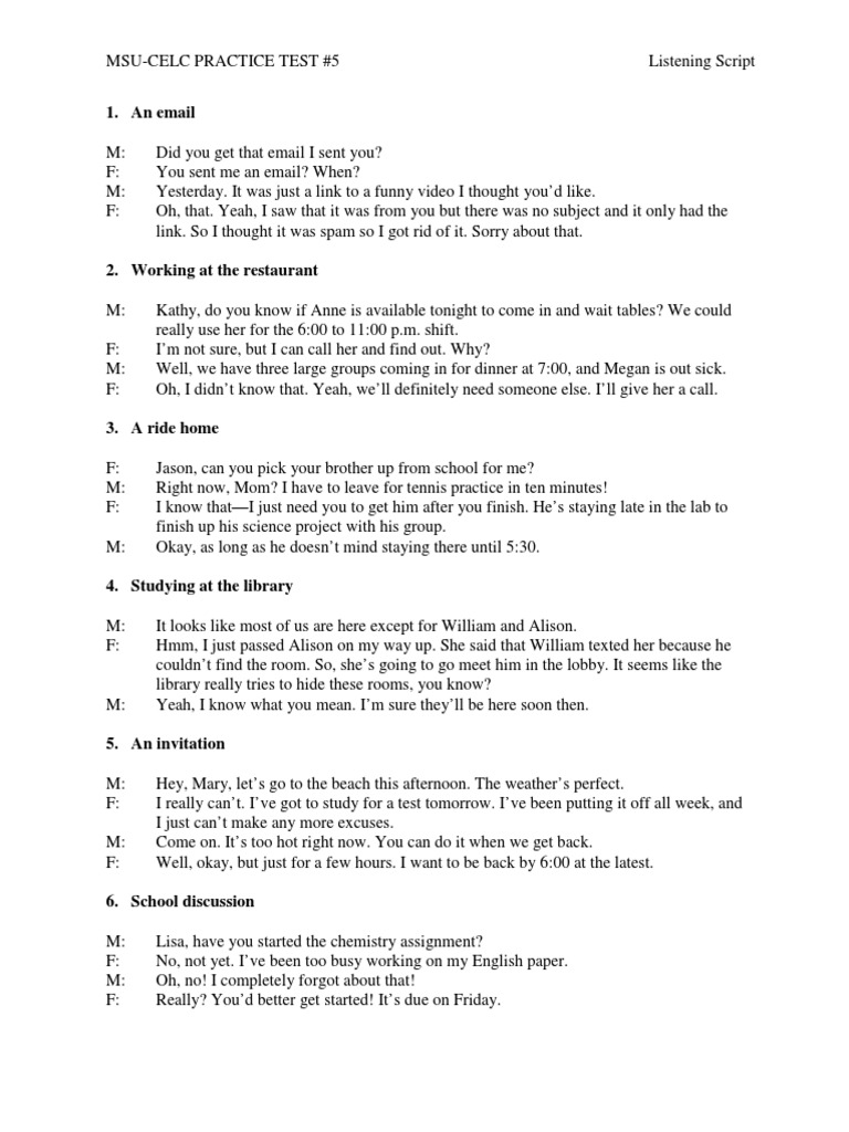 CELC Practice Test 5 Listening Script | PDF | Hiking