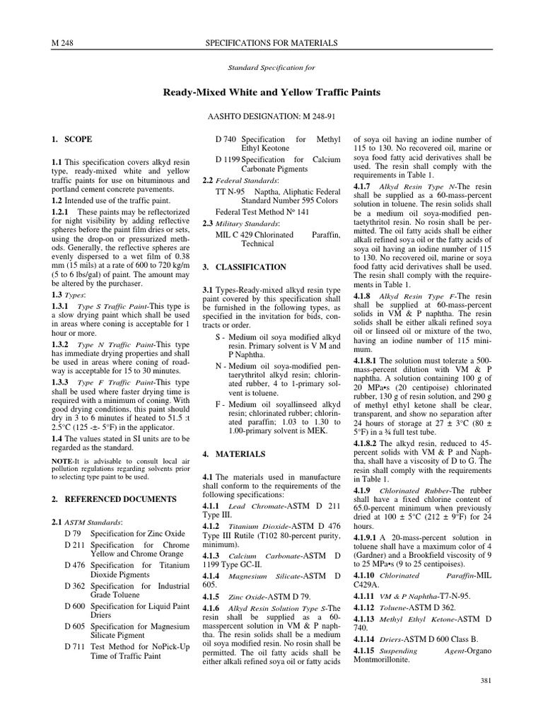 Ready-Mixed White and Yellow Traffic Paints: Standard Specification For | PDF | Paint | Resin