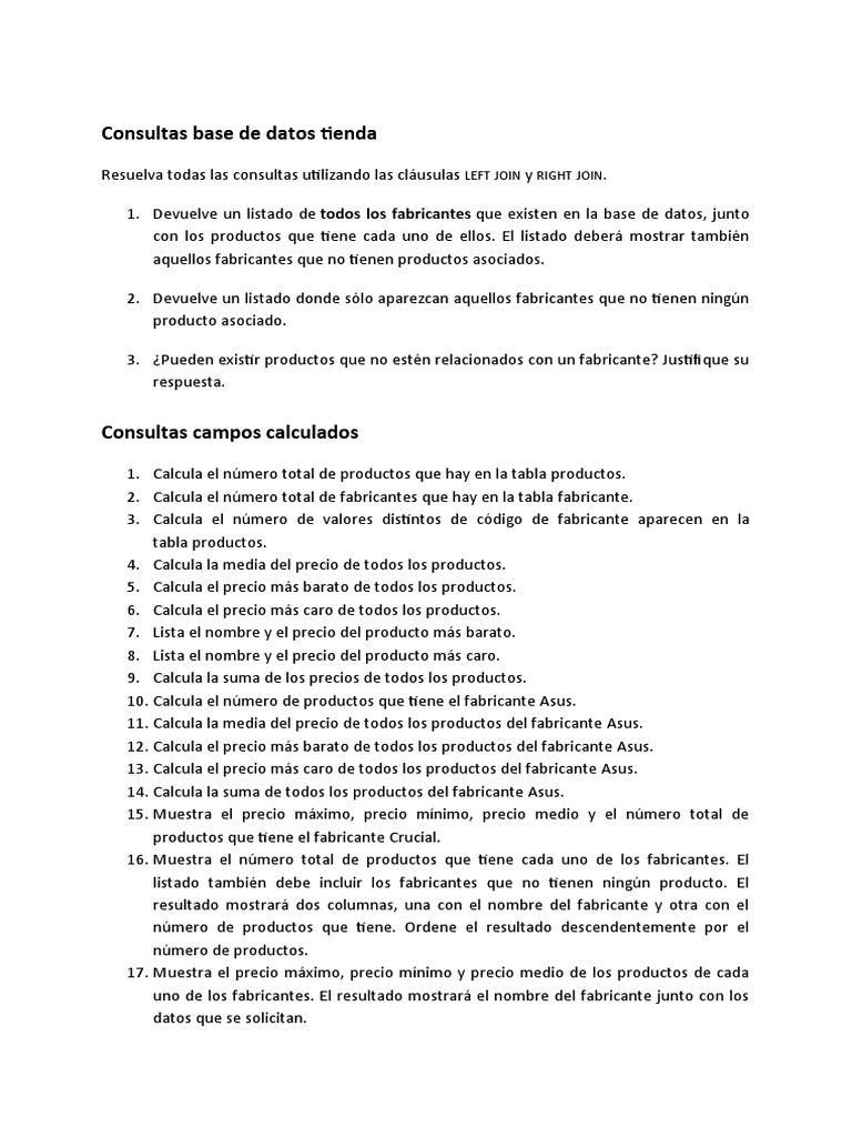 Consultas SQL para Tienda de Productos | PDF