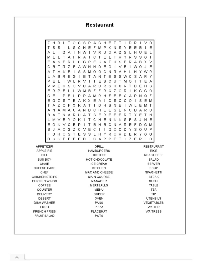 Restaurant Vocabulary Word Search | PDF | Waiting Staff | Foods
