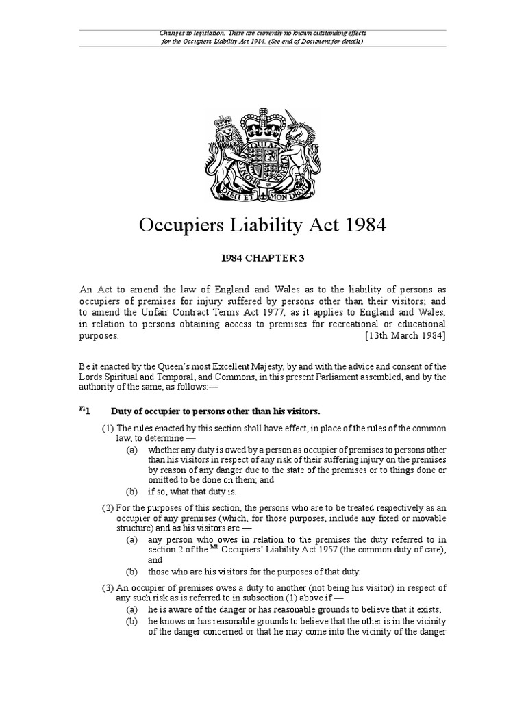 Occupier's Liability Act 1984 | PDF | Legal Liability | Ethical Principles
