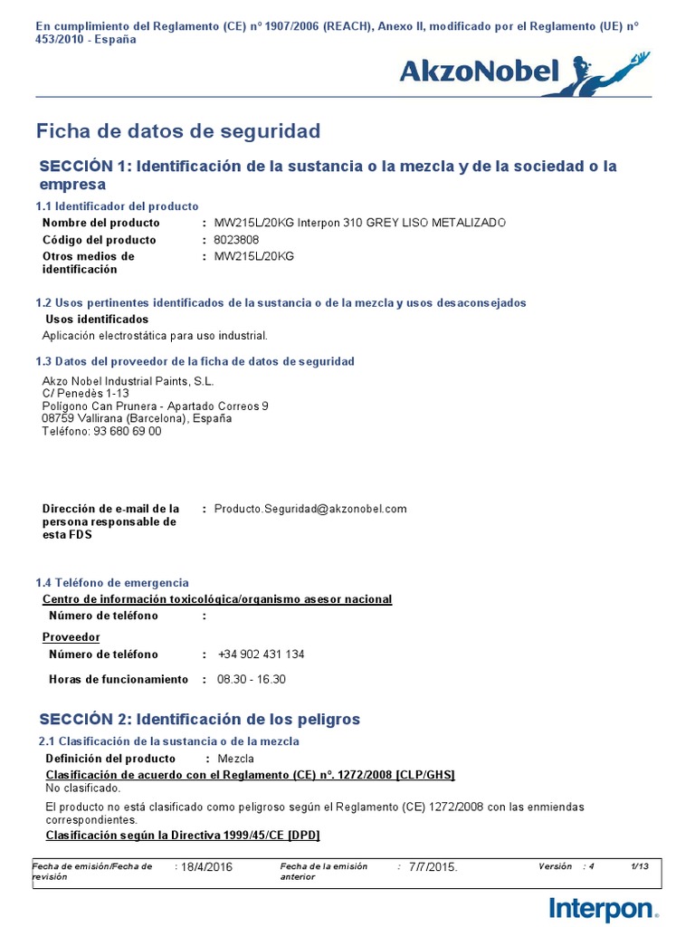 Hoja de Seguridad Interpon 310 | PDF | Residuos | Agua