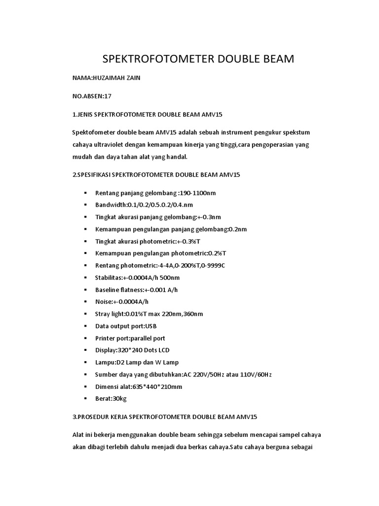 Spektrofotometer Double Beam Huzaimah Zain | PDF