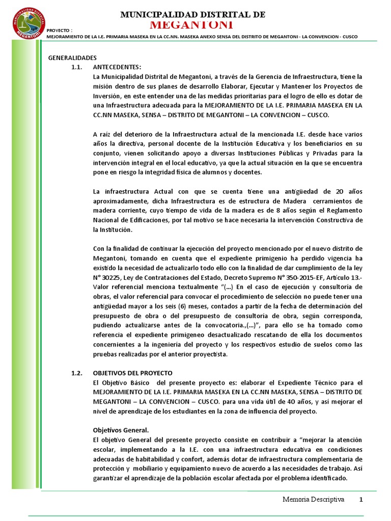 Memoria Descriptiva General Maseka | PDF