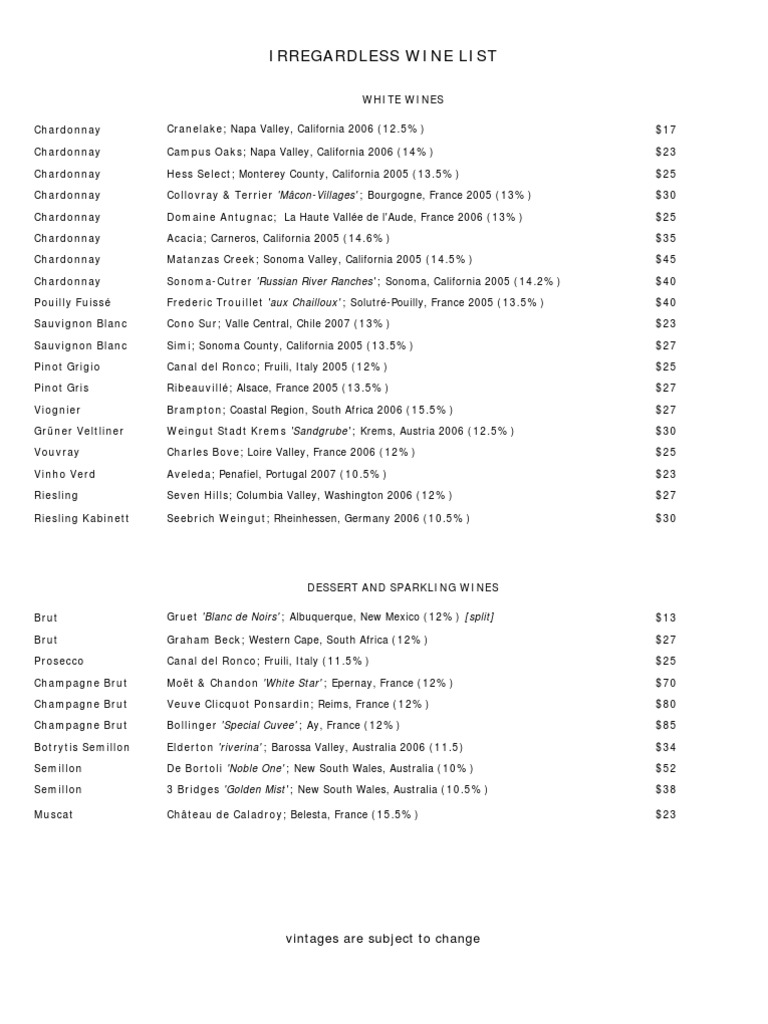 Wine List | Download Free PDF | California Wine | Champagne