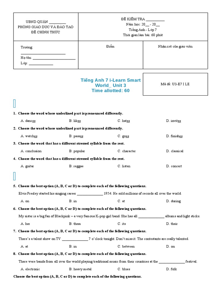 Tiếng Anh 7 i-Learn Smart World_ Unit 3 - U3-E7 I LE | PDF | Performing Arts