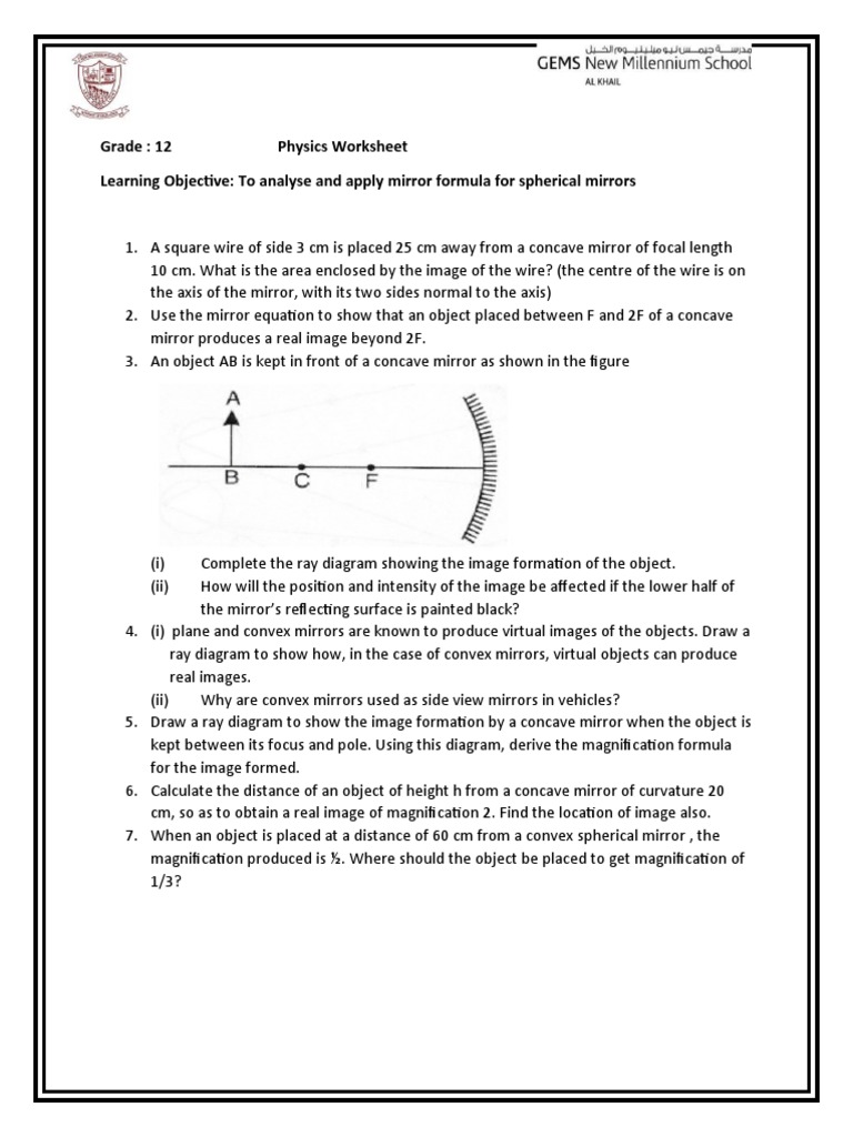 WS On Mirror Formula | PDF | Teaching Methods & Materials | Art