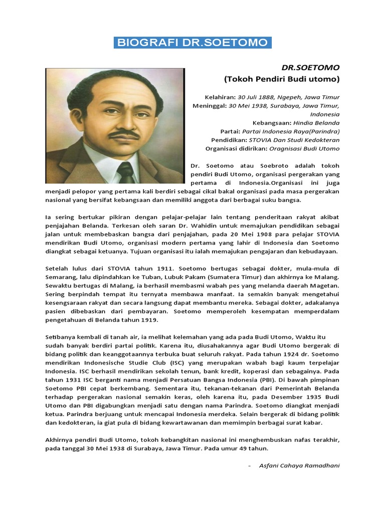 Biografi Dr. Soetomo, Pendiri Budi Utomo | PDF