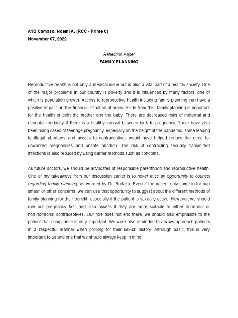 Family Planning Reflection Paper | PDF