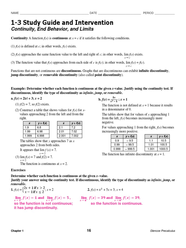 Answer Key 1-3 Study Guide and Intervention | PDF | Continuous Function | Function (Mathematics)