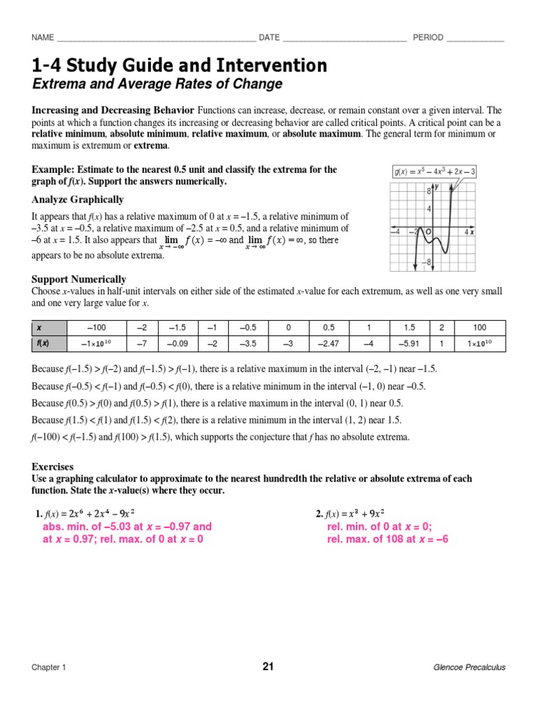 Answer Key 1-4 Study Guide and Intervention | PDF | Maxima And Minima | Calculus