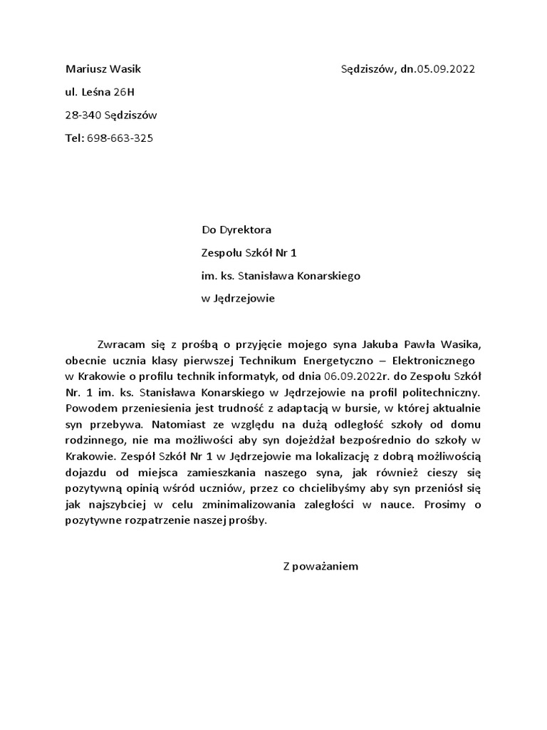 Podanie o Przyjecie | PDF