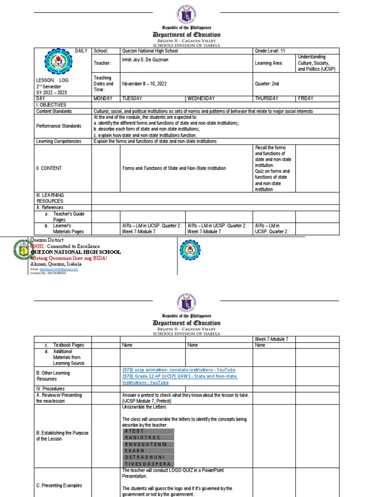 UCSP Lesson Plan: State vs. Non-State Institutions | PDF | Microsoft ...