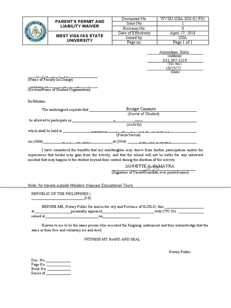 Parent's Permit and Liability Waiver | PDF | Notary Public | Common Law