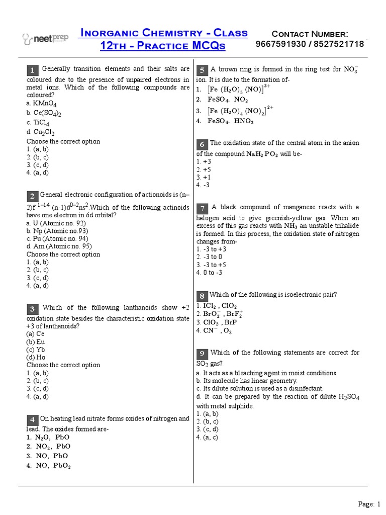 Inorganic Chemistry - Class 12th - Practice MCQs | PDF | Coordination ...