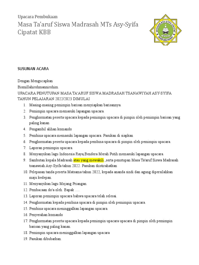 Contoh Susunan Acara MATSAMA Mts Asy-Syifa CIPATAT | PDF