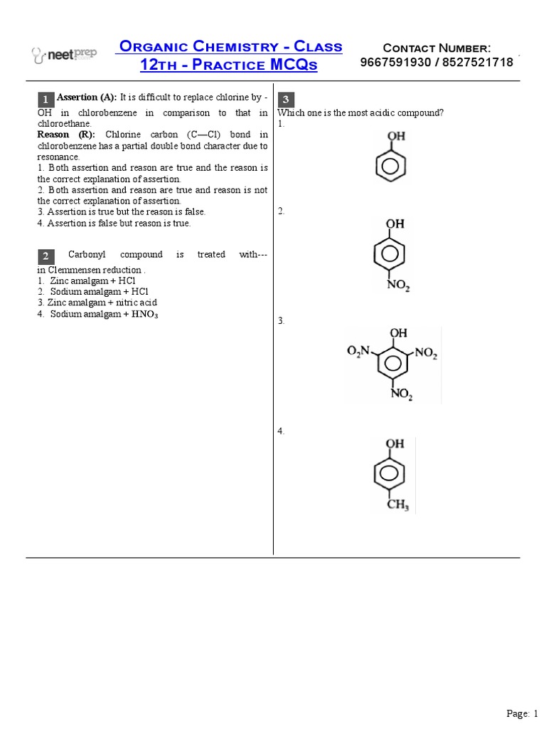 Class 12 Organic Chemistry MCQs | PDF | Chemical Reactions | Aldehyde
