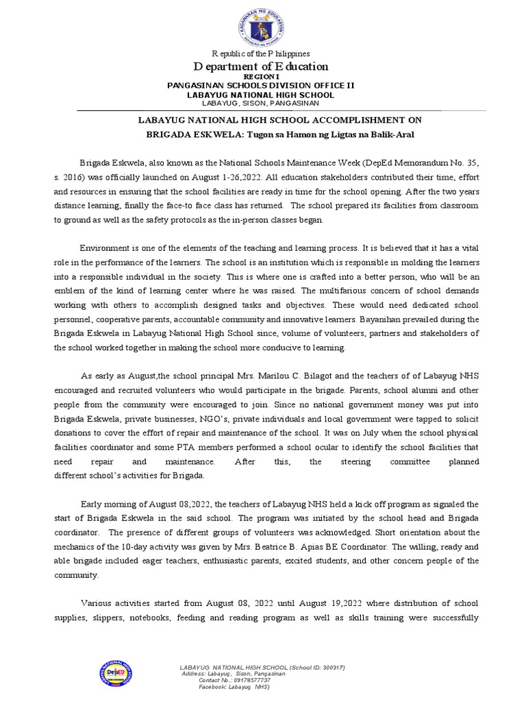 Accomplishment BRIGADA Narrative | PDF