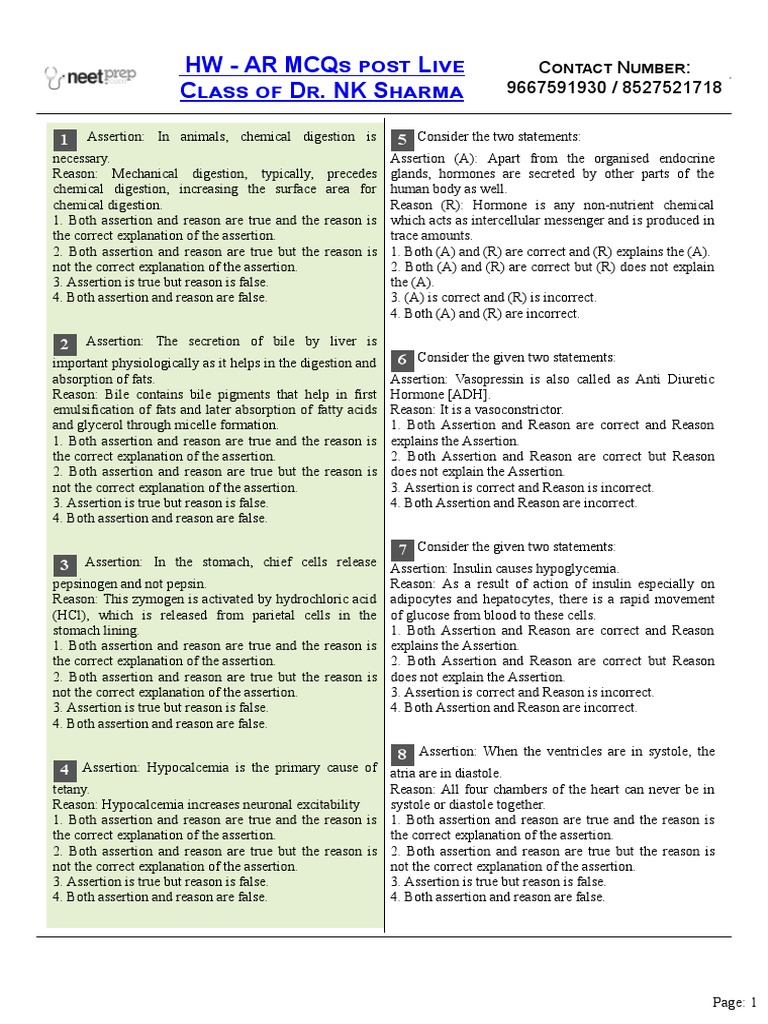 HW - AR MCQs Post Live Class of Dr. NK Sharma | PDF | Diastole | Digestion