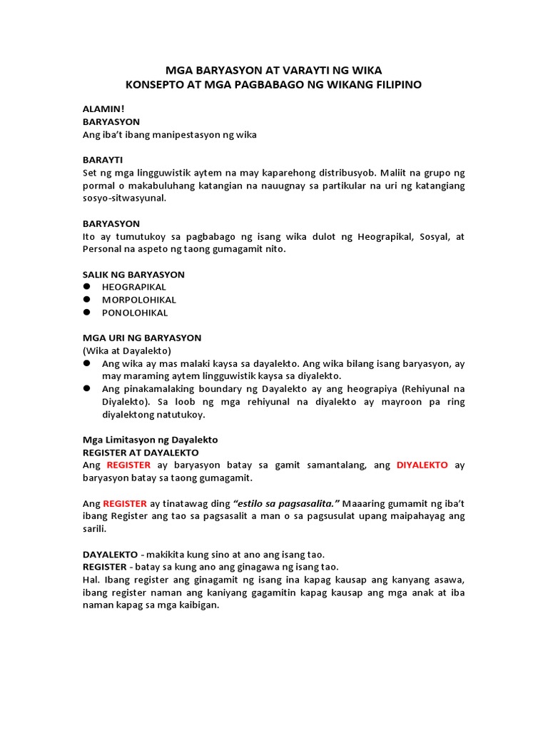 Mga Baryasyon at Varayti NG Wika Hard | PDF