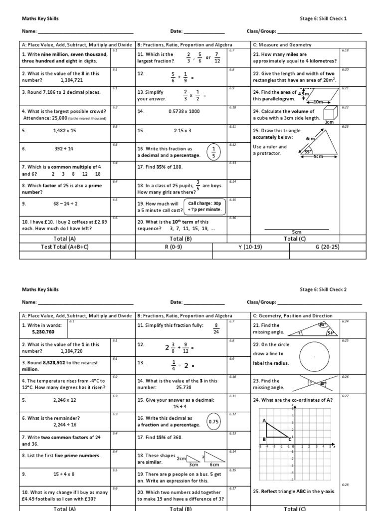 Stage 6 Maths Skills Check | PDF | Ratio | Area