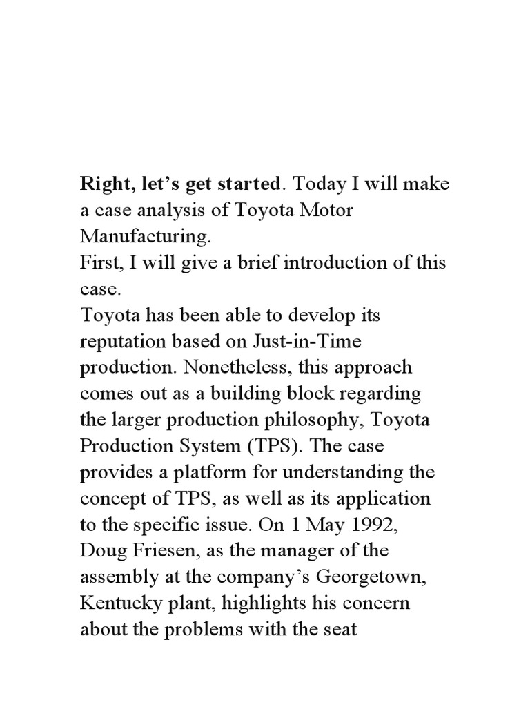 Case Analysis of Toyota Motor Manufacturing | PDF | Supply Chain | Lean ...