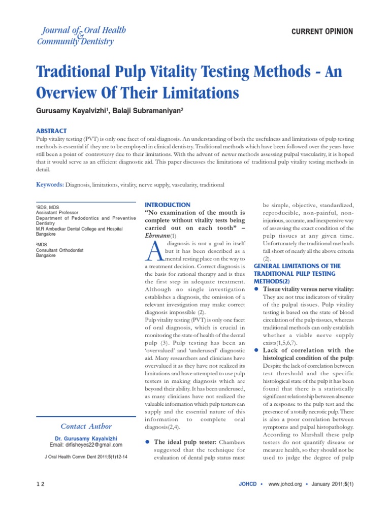 Pulp Vitality Test | PDF | Medical Diagnosis | Human Tooth