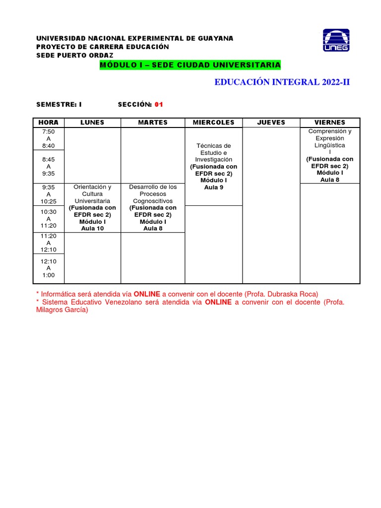Horarios 2022 UNEG | PDF | Enseñando | Comunicación