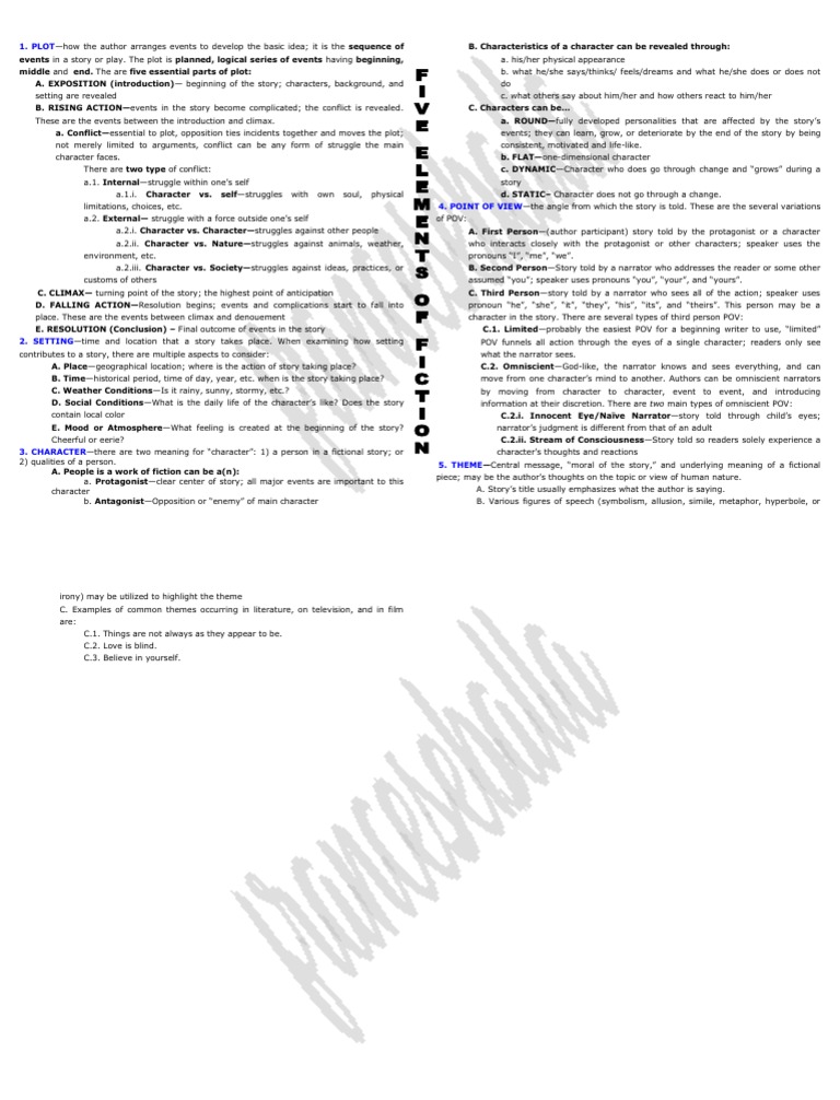 ELEMENTS OF FICTION Handout Download Free PDF Narration Plot