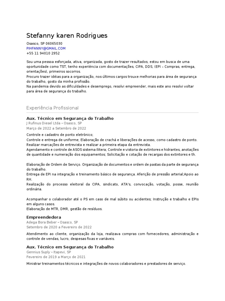 Currículo de Stefanny Rodrigues - TST | PDF | Carreira e Crescimento ...